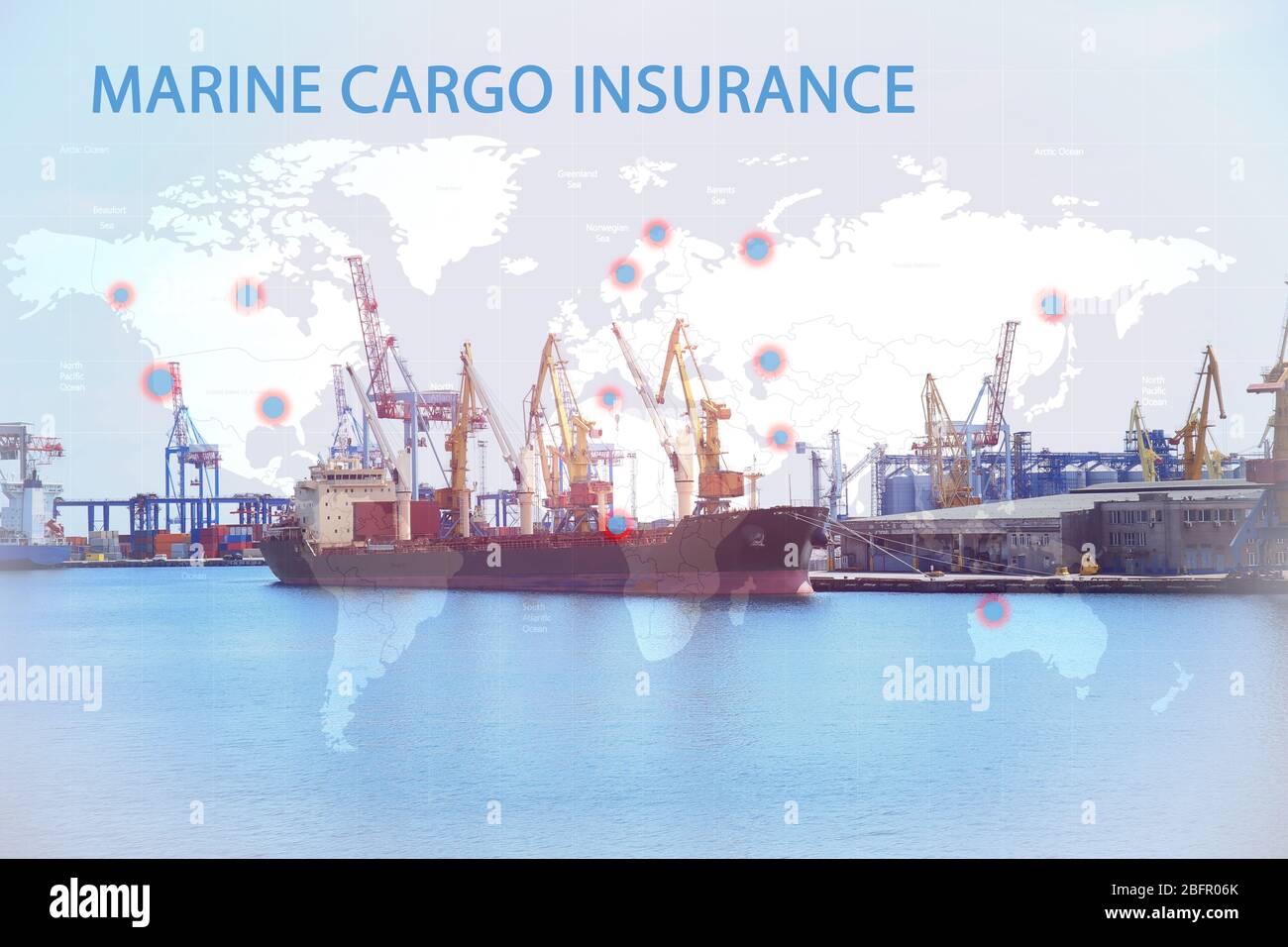 World map and ship in sea port on background. Concept of marine cargo ...