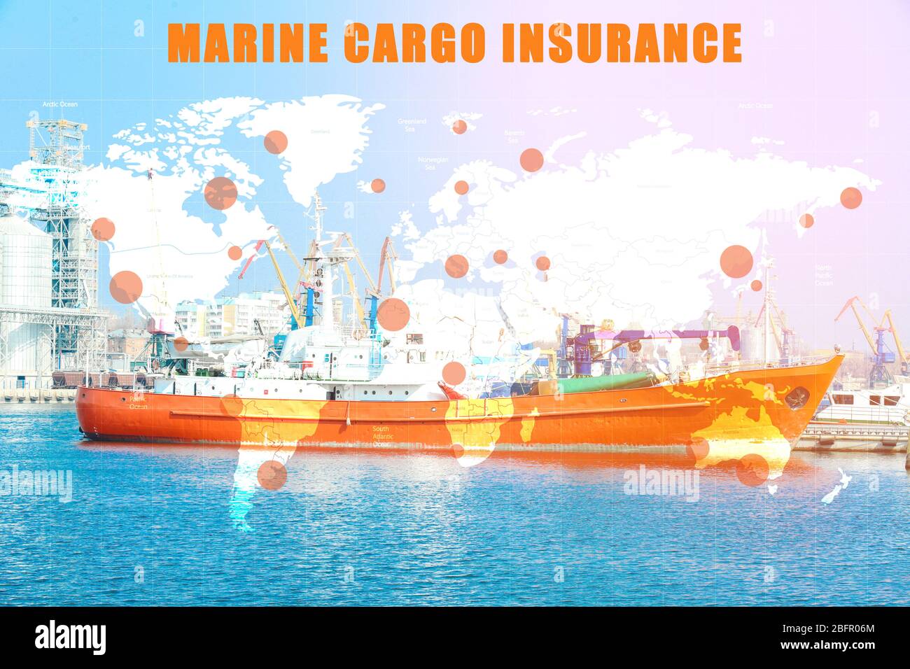 World map and ship in sea port on background. Concept of marine cargo ...