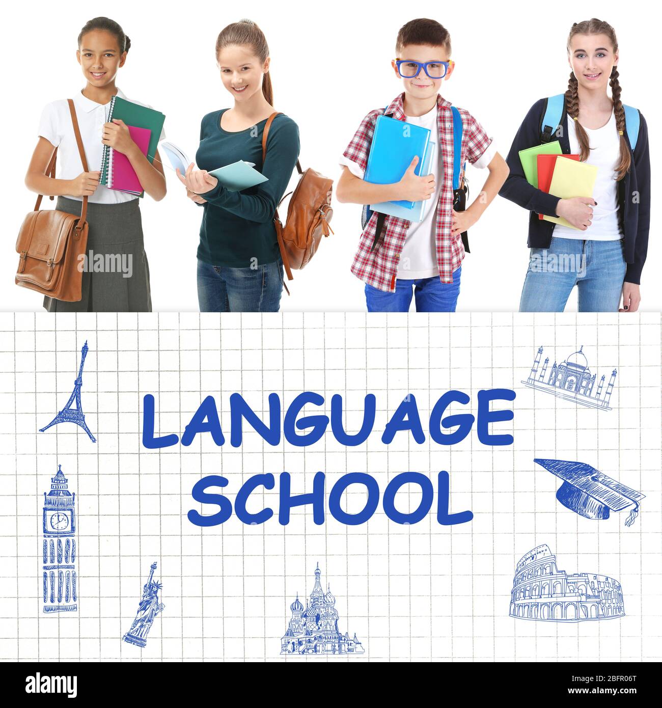 Text LANGUAGE SCHOOL and children on white background Stock Photo - Alamy