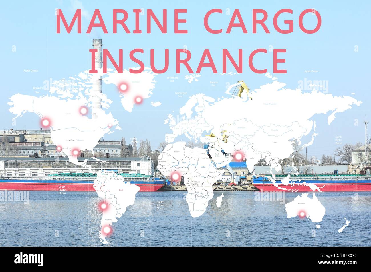 World map and sea port on background. Concept of marine cargo insurance ...