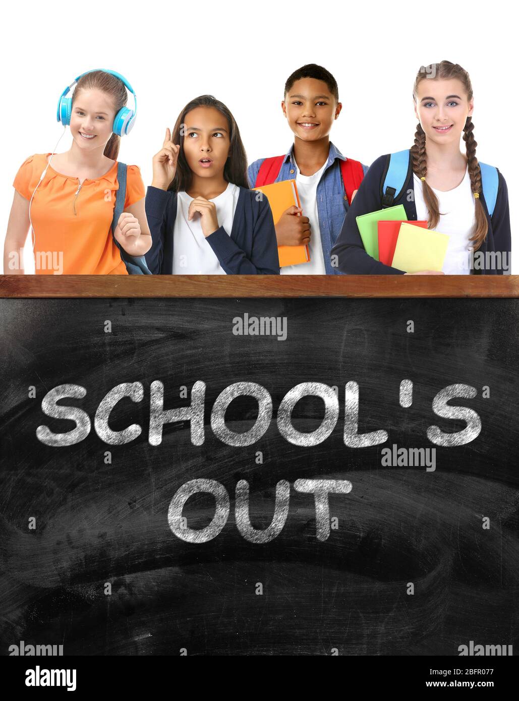 Blackboard with text SCHOOL'S OUT and happy children on white ...