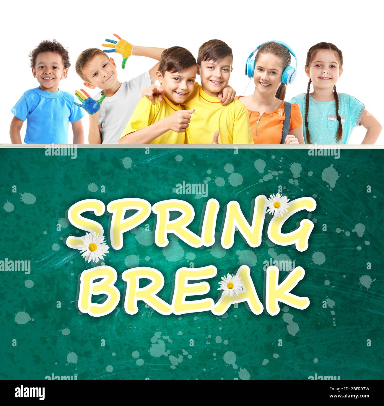 Blackboard with text SPRING BREAK and happy children on white ...
