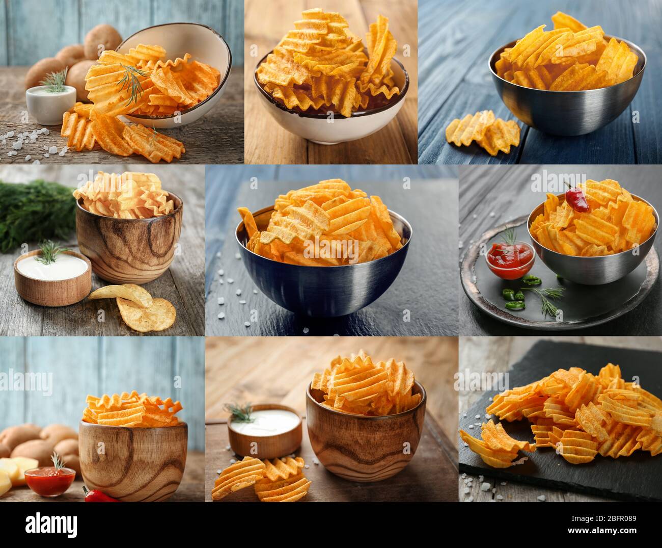 Collage of tasty potato chips Stock Photo - Alamy