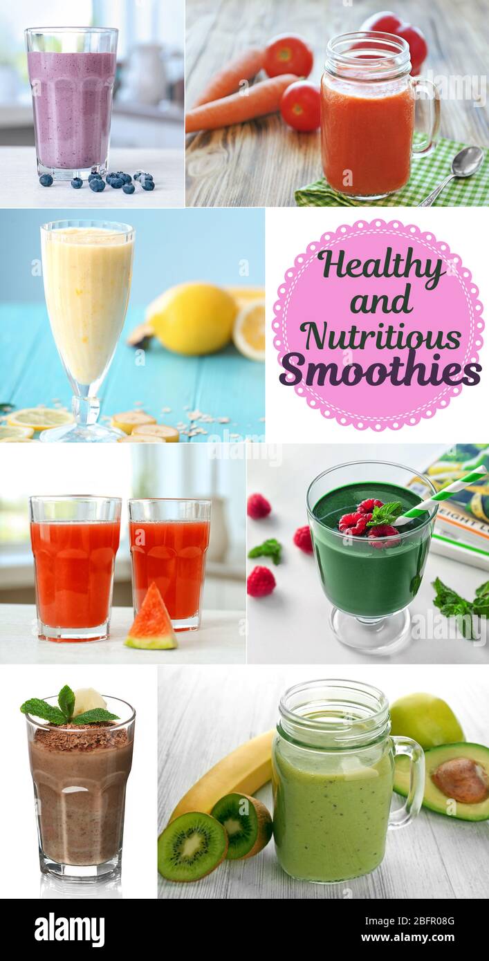 Collage of different healthy and nutritious smoothies Stock Photo - Alamy