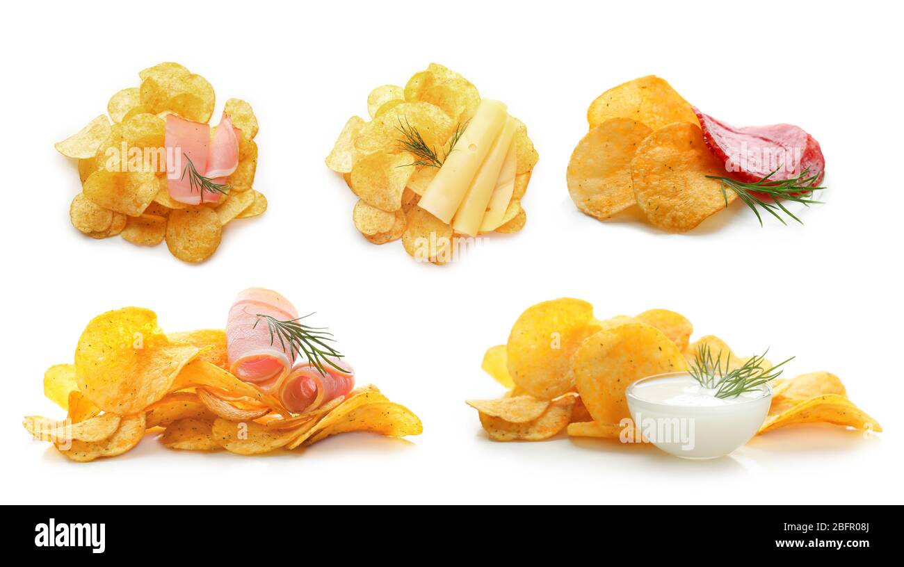 Potato chips of different tastes on white background Stock Photo - Alamy