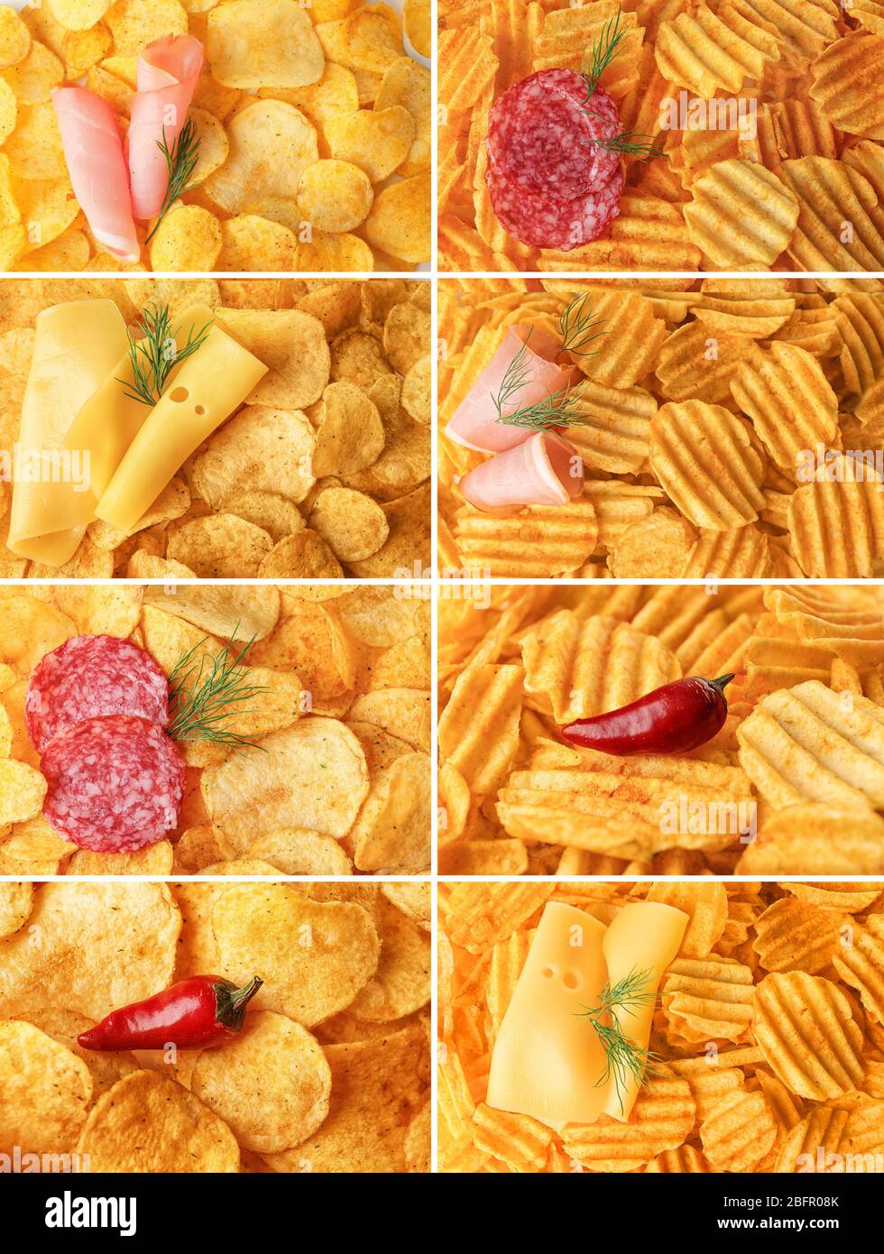 Collage with potato chips of different tastes Stock Photo - Alamy
