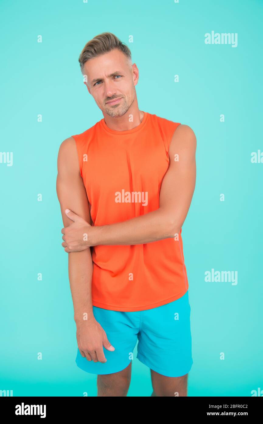 Shape your future. Muscular type. Muscular guy blue background. Fit man ...