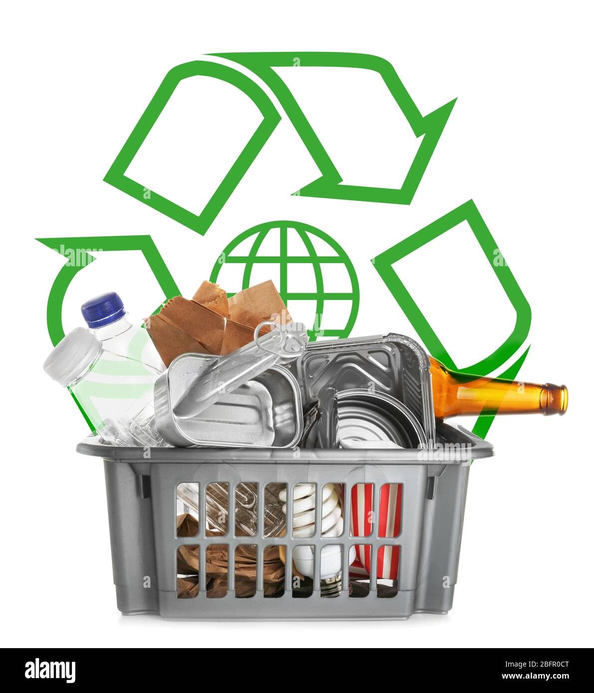 Basket with different types of garbage and recycling sign on white ...