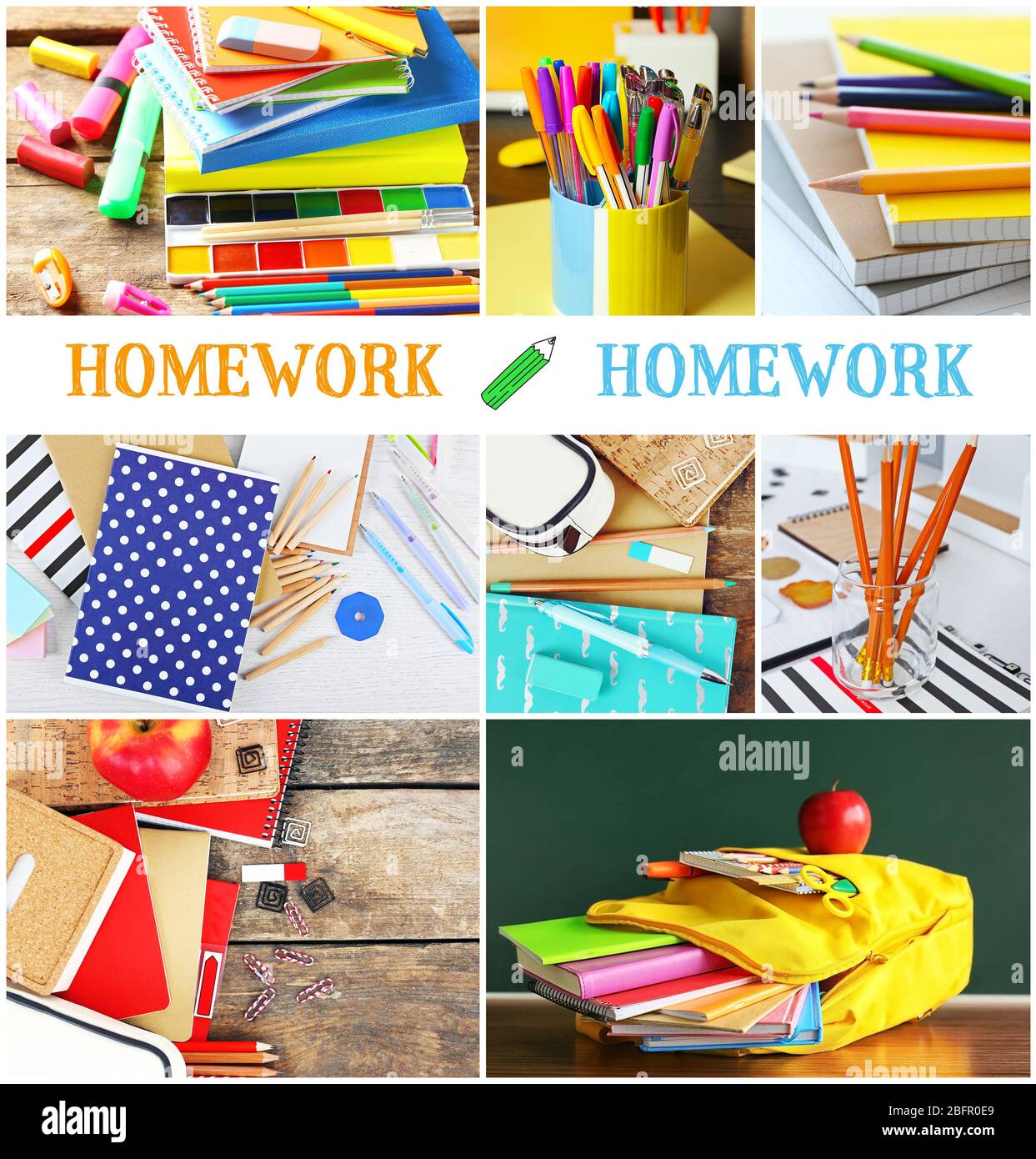 Collage with word HOMEWORK and colorful school stationery Stock Photo ...