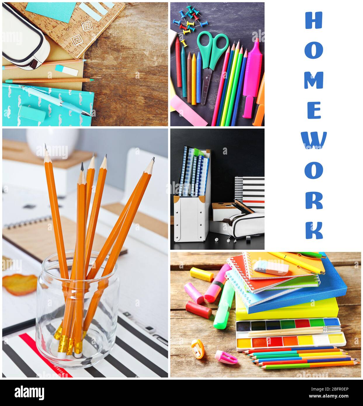 Collage with word HOMEWORK and colorful school stationery Stock Photo ...