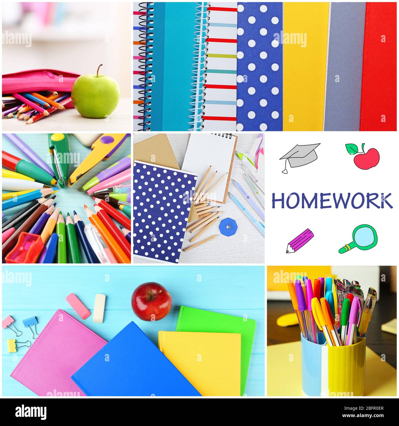 Collage with word HOMEWORK and colorful school stationery Stock Photo ...