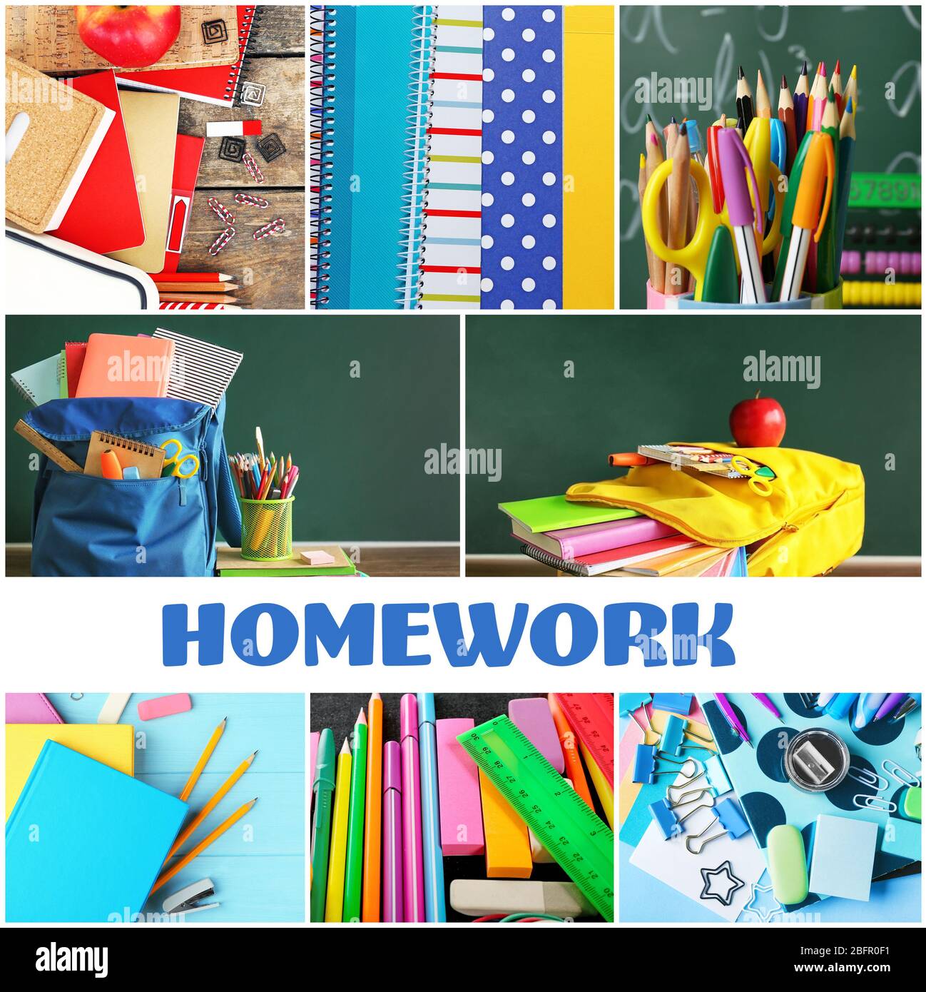 Collage with word HOMEWORK and colorful school stationery Stock Photo ...
