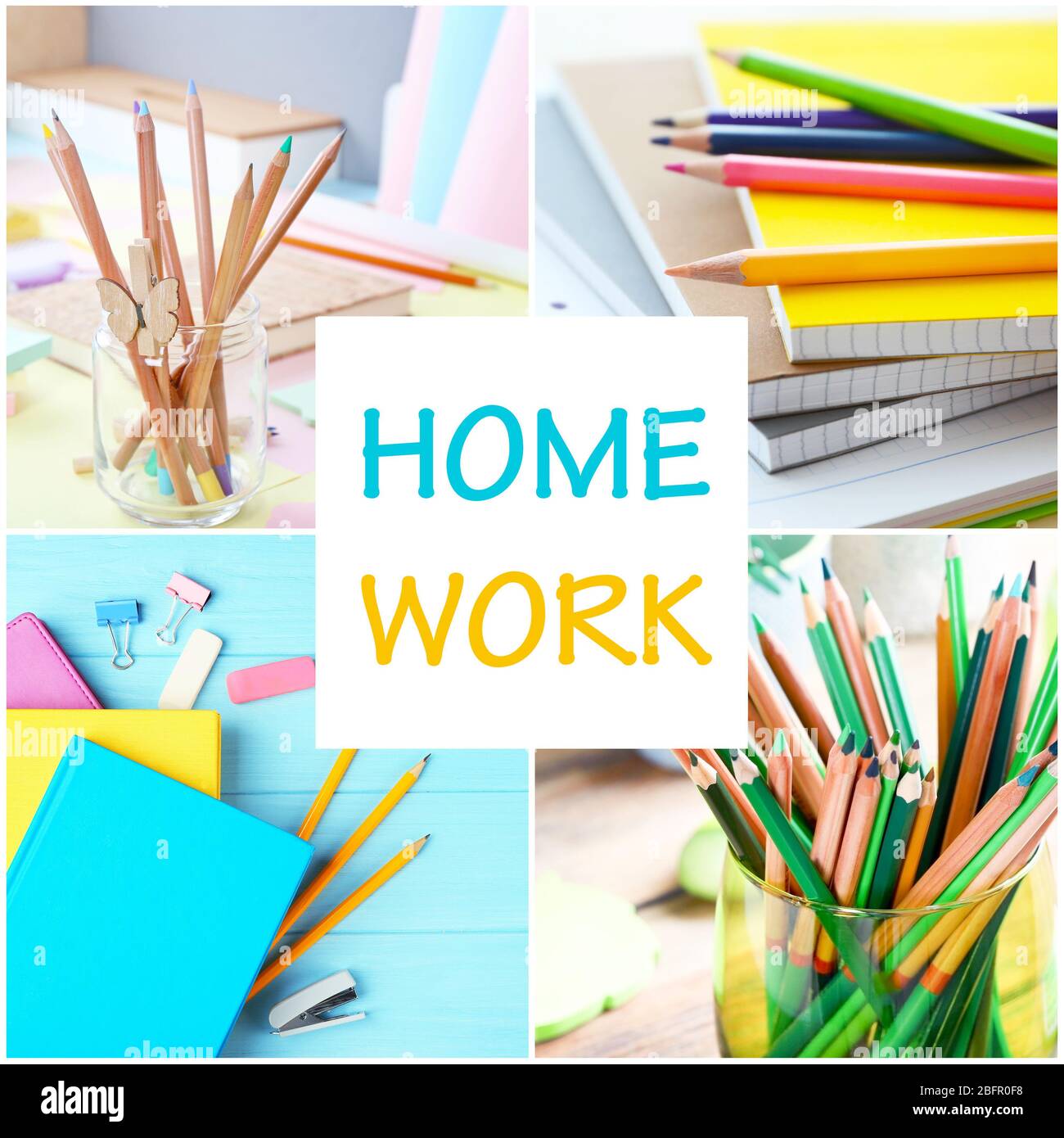 Collage with word HOMEWORK and colorful school stationery Stock Photo ...