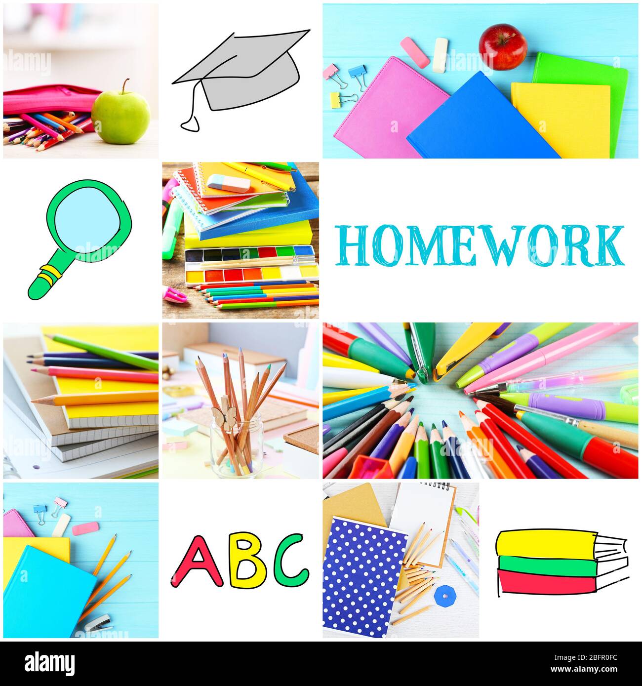 Collage with word HOMEWORK and colorful school stationery Stock Photo ...