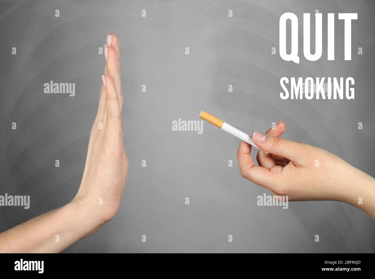 Text QUIT SMOKING and woman refusing of offered cigarette on grey ...
