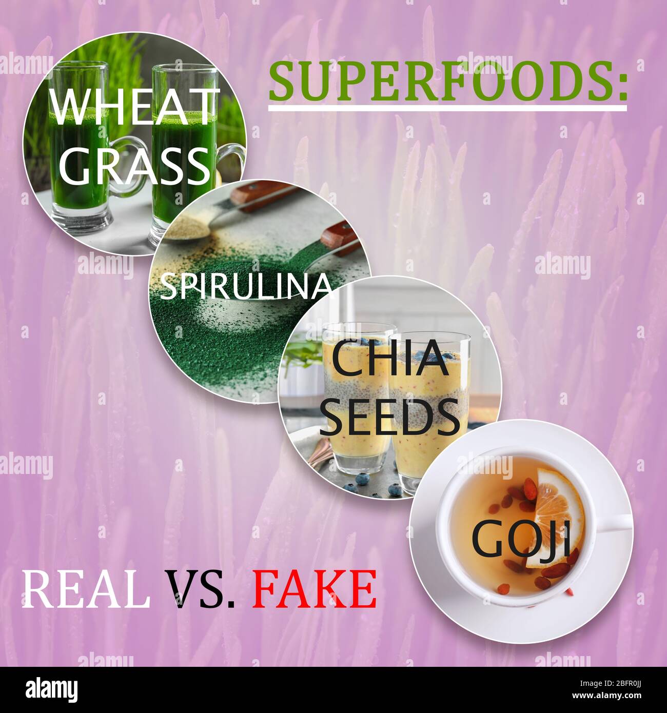 Collage with different fake or real superfoods Stock Photo - Alamy