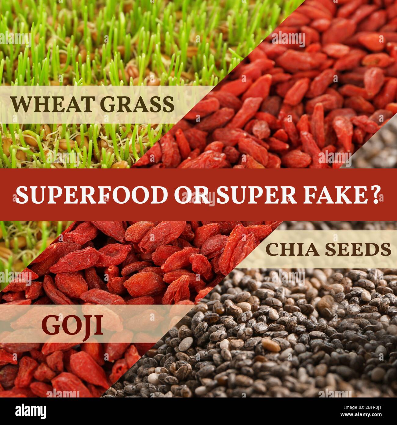 Collage with different fake or real superfoods Stock Photo - Alamy