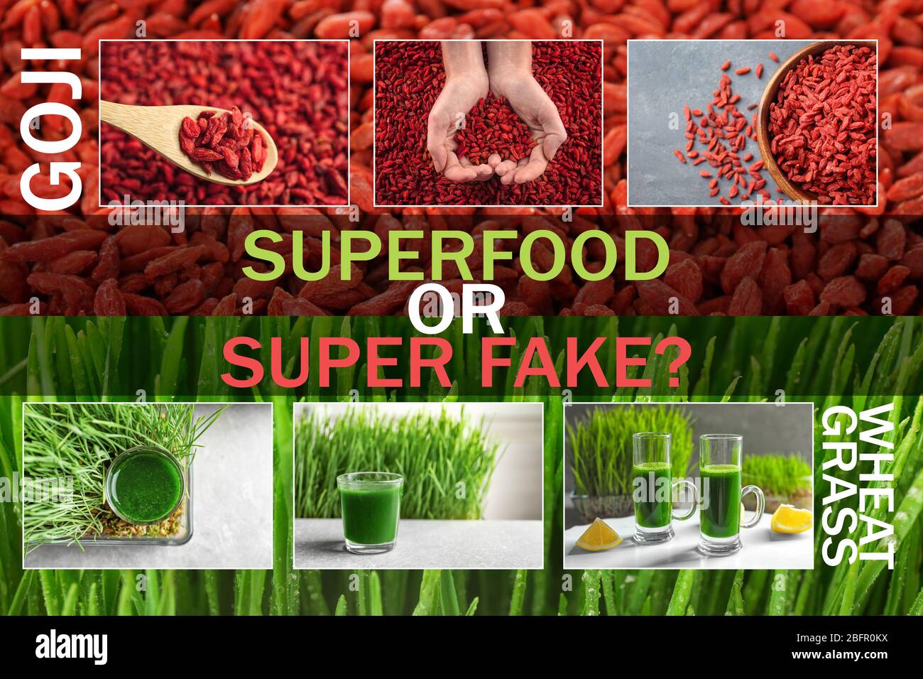 Collage with different fake or real superfoods Stock Photo - Alamy