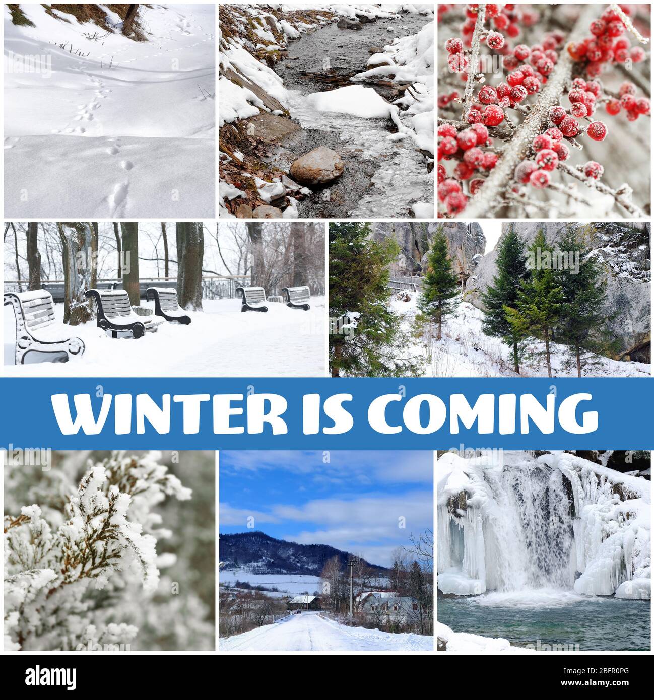Collage with beautiful snowy landscapes and text WINTER IS COMING Stock ...