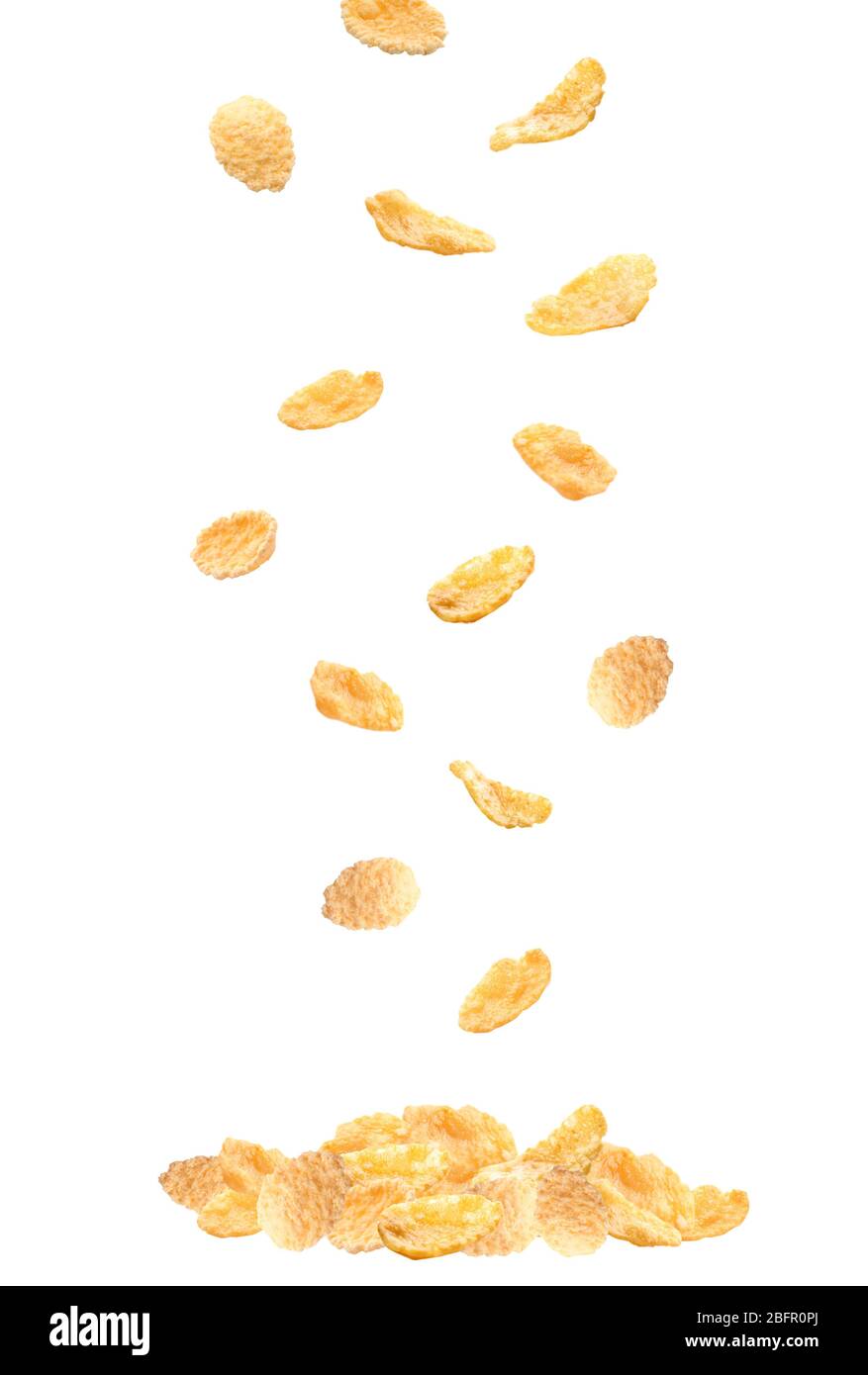 Falling corn flakes on white background Stock Photo - Alamy