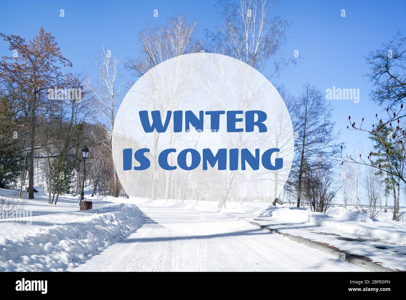 Beautiful view of snowy park and text WINTER IS COMING Stock Photo - Alamy