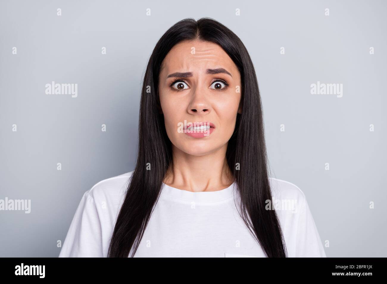 Portrait of astonished girl hear unbelievable horrible corona virus ...