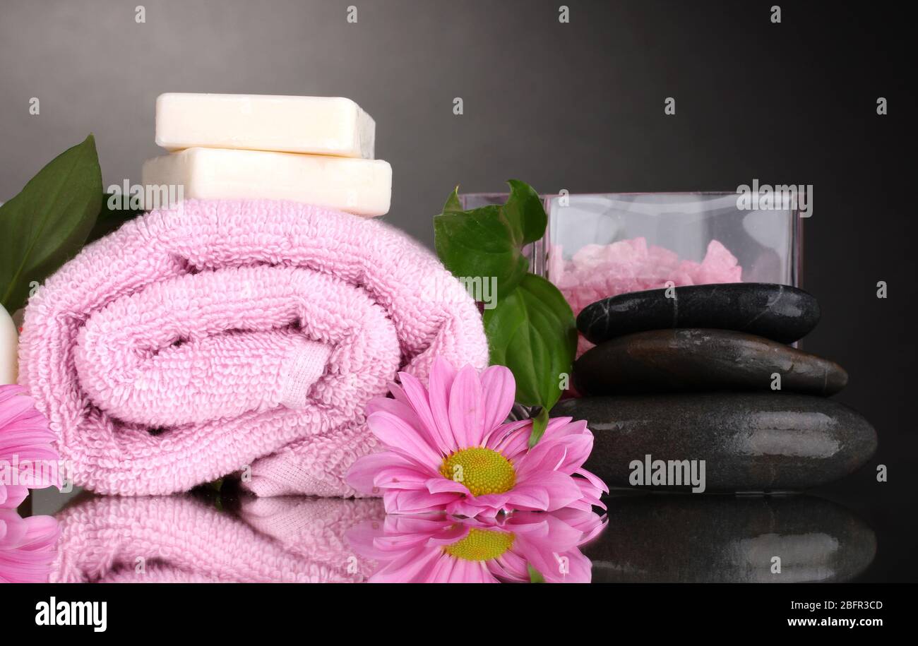Hotel amenities kit on gray background Stock Photo - Alamy