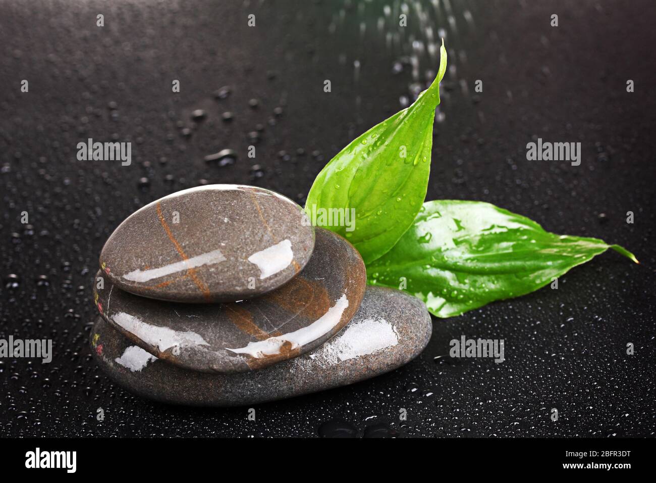 spa stones with water drops and leaves on black background Stock Photo ...