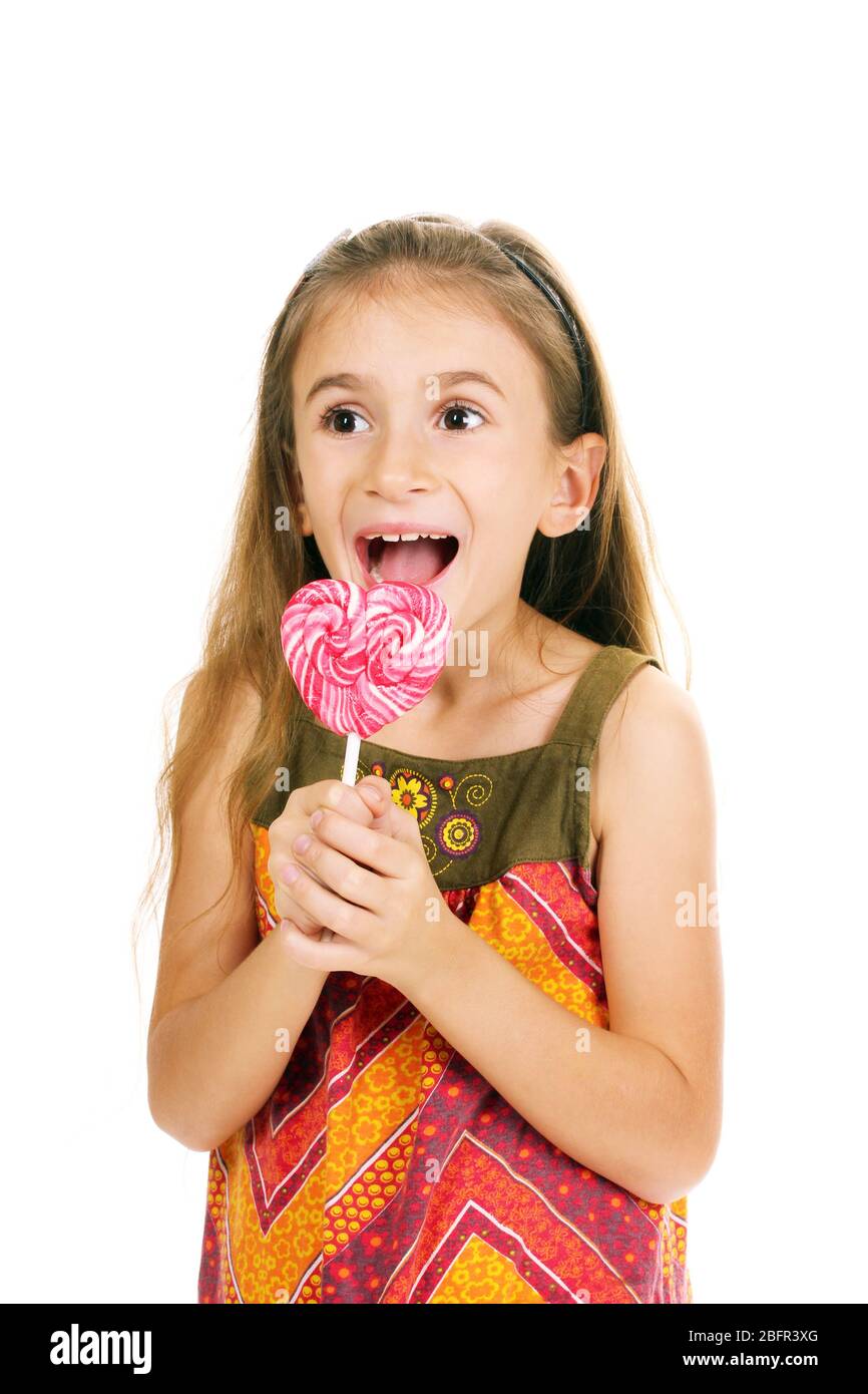 beautiful little girl and candy on stick isolated on white Stock Photo ...
