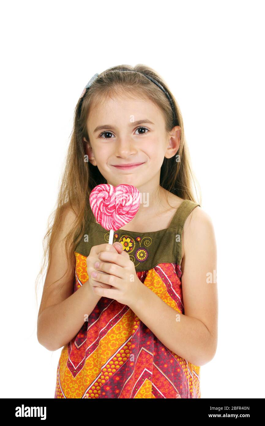 beautiful little girl and candy on stick isolated on white Stock Photo ...