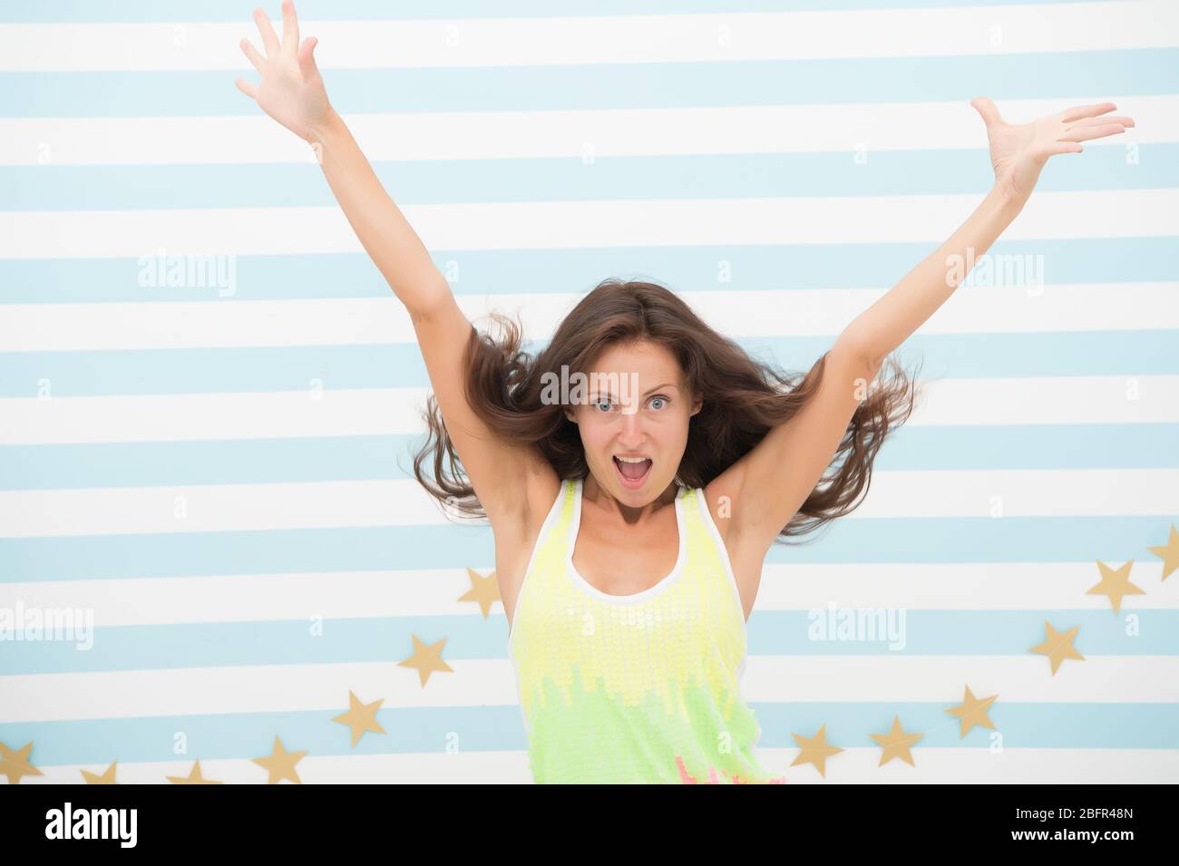 Real freedom. Professional hair care. Happy cheerful girl. Charming ...