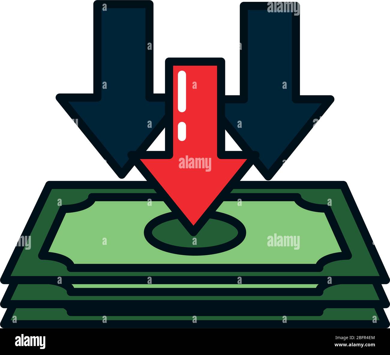 arrows down with money bills icon over white background, line and fill ...