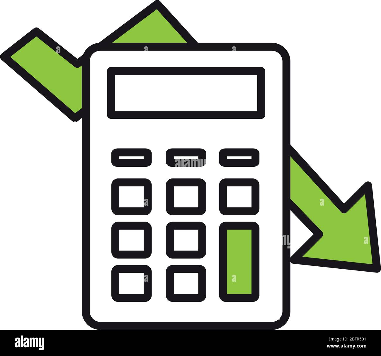 calculator and financial arrows icon over white background, half color ...