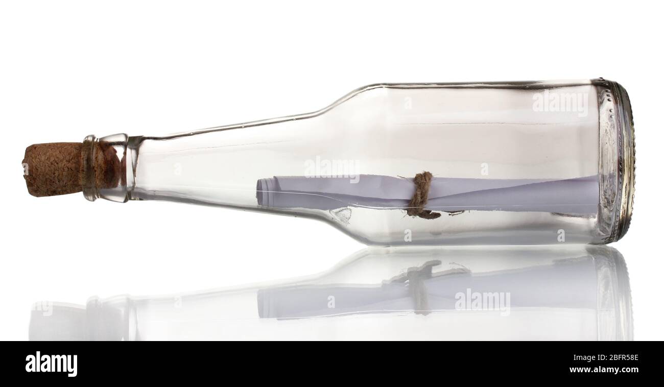 Glass bottle with note inside isolated on white Stock Photo - Alamy