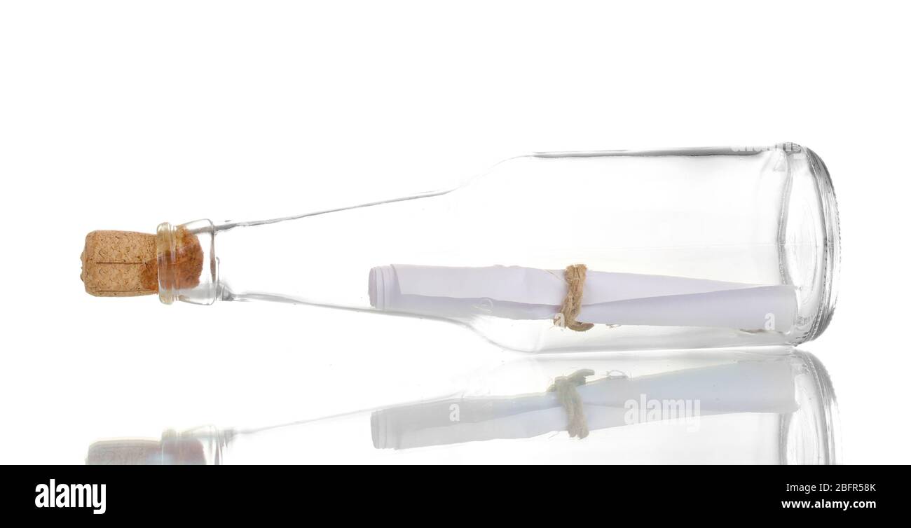 Glass bottle with note inside isolated on white Stock Photo - Alamy