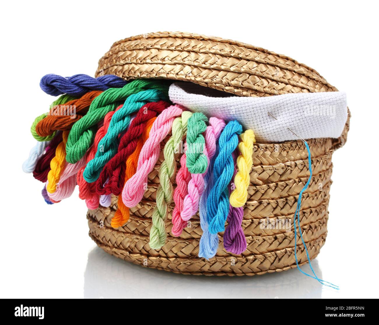 bright threads for needlework and fabric in a wicker basket Stock Photo ...