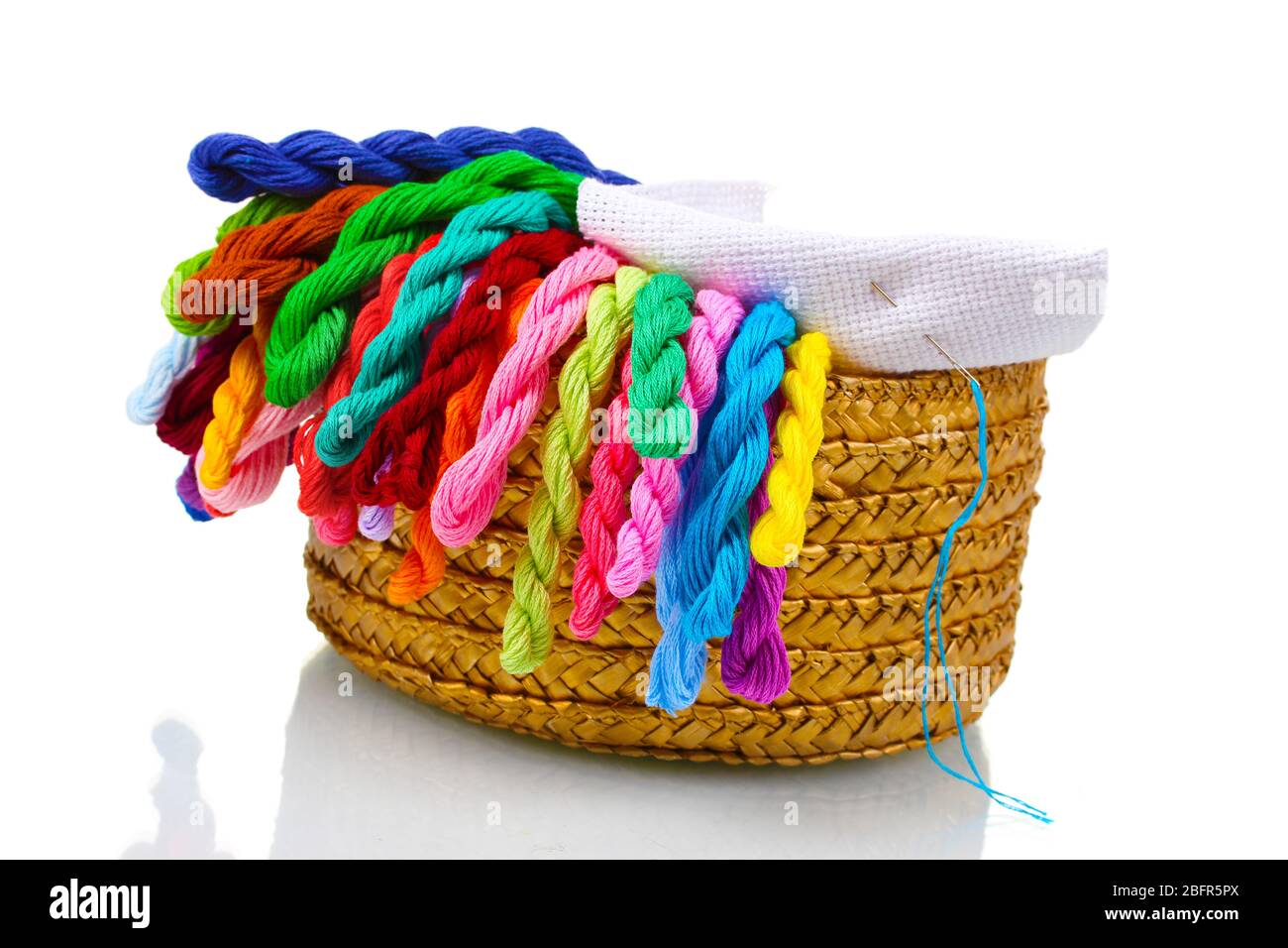 bright threads for needlework and fabric in a wicker basket Stock Photo ...