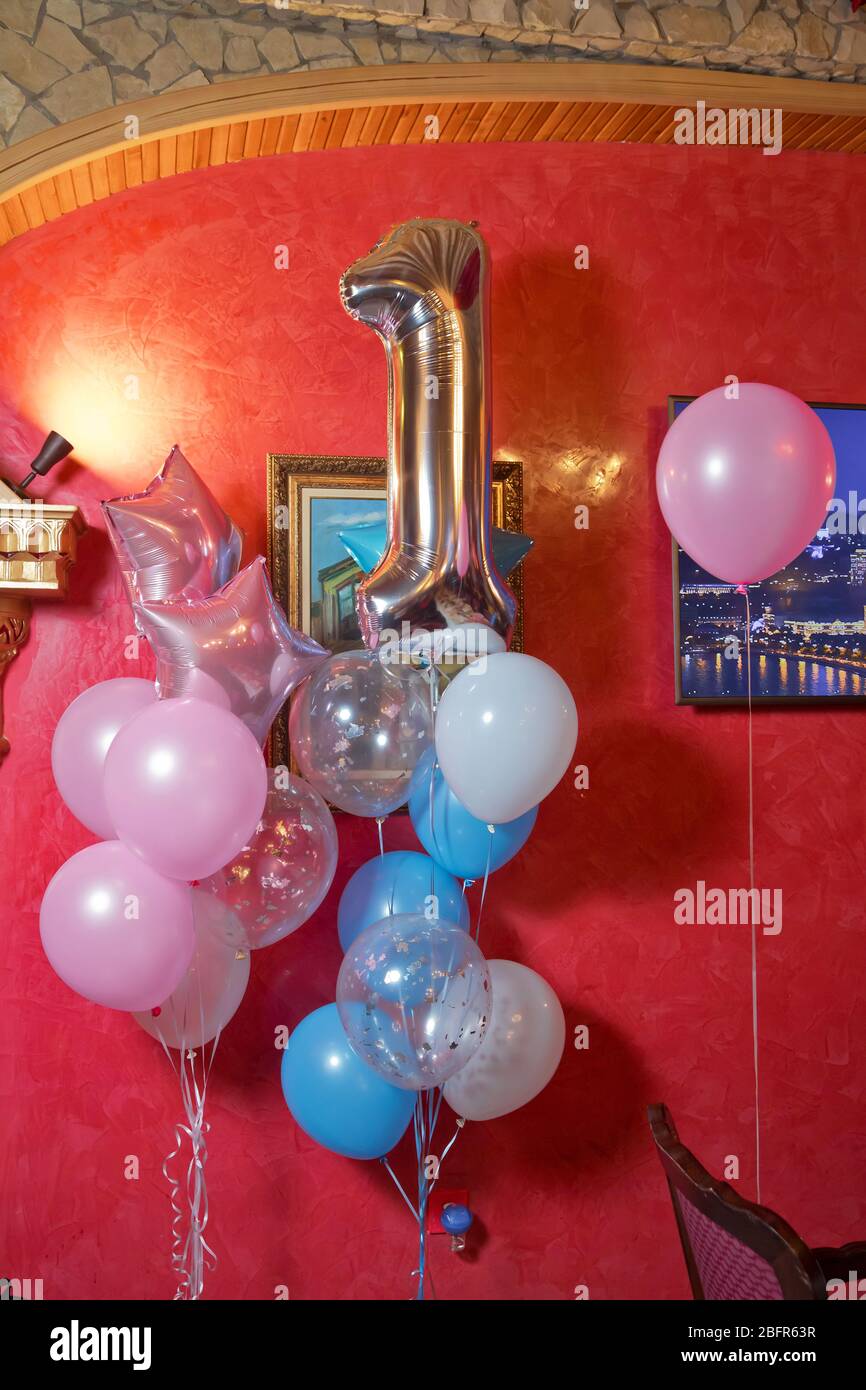 Children birthday party decoration interior . Numeral 1. Foil balloon ...
