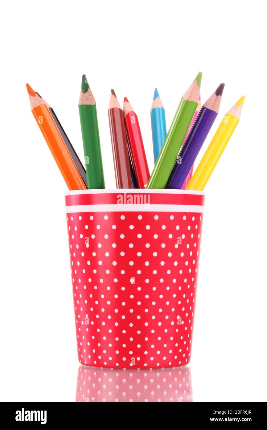 red glass with colorful pencils isolated on white Stock Photo - Alamy