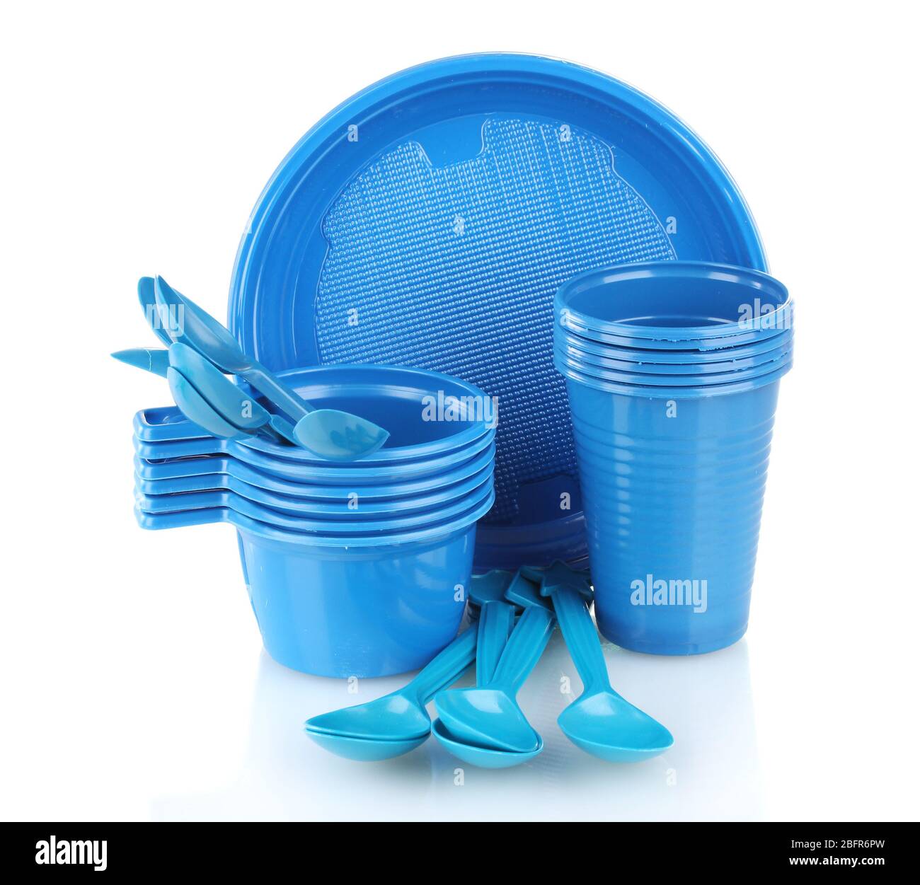 Bright blue plastic tableware isolated on white Stock Photo - Alamy