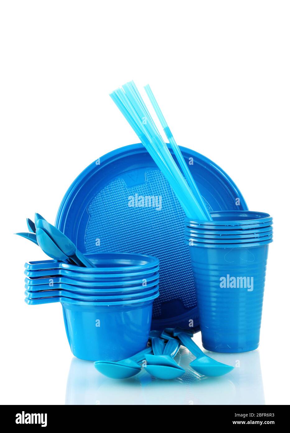 Bright blue plastic tableware isolated on white Stock Photo - Alamy