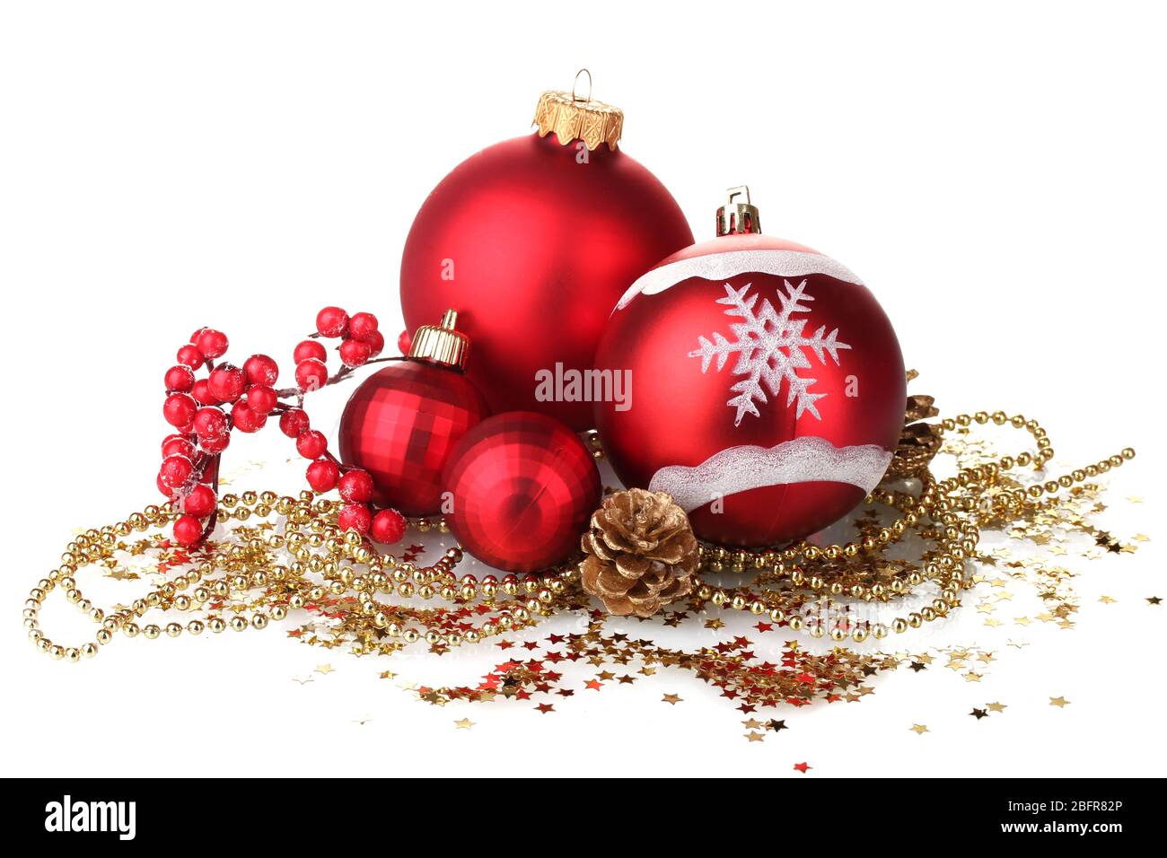 beautiful red Christmas balls and cones isolated on white Stock Photo ...