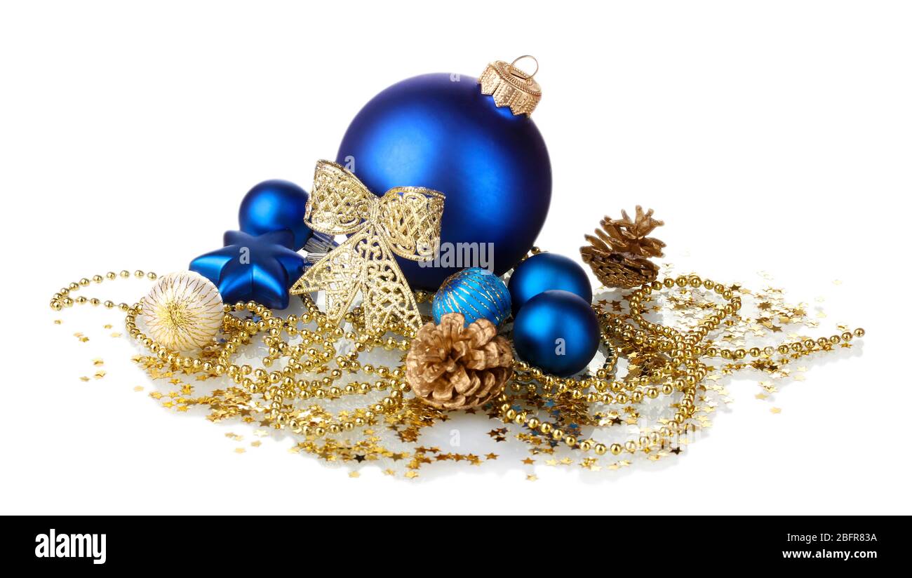 beautiful blue Christmas balls and cones isolated on white Stock Photo ...