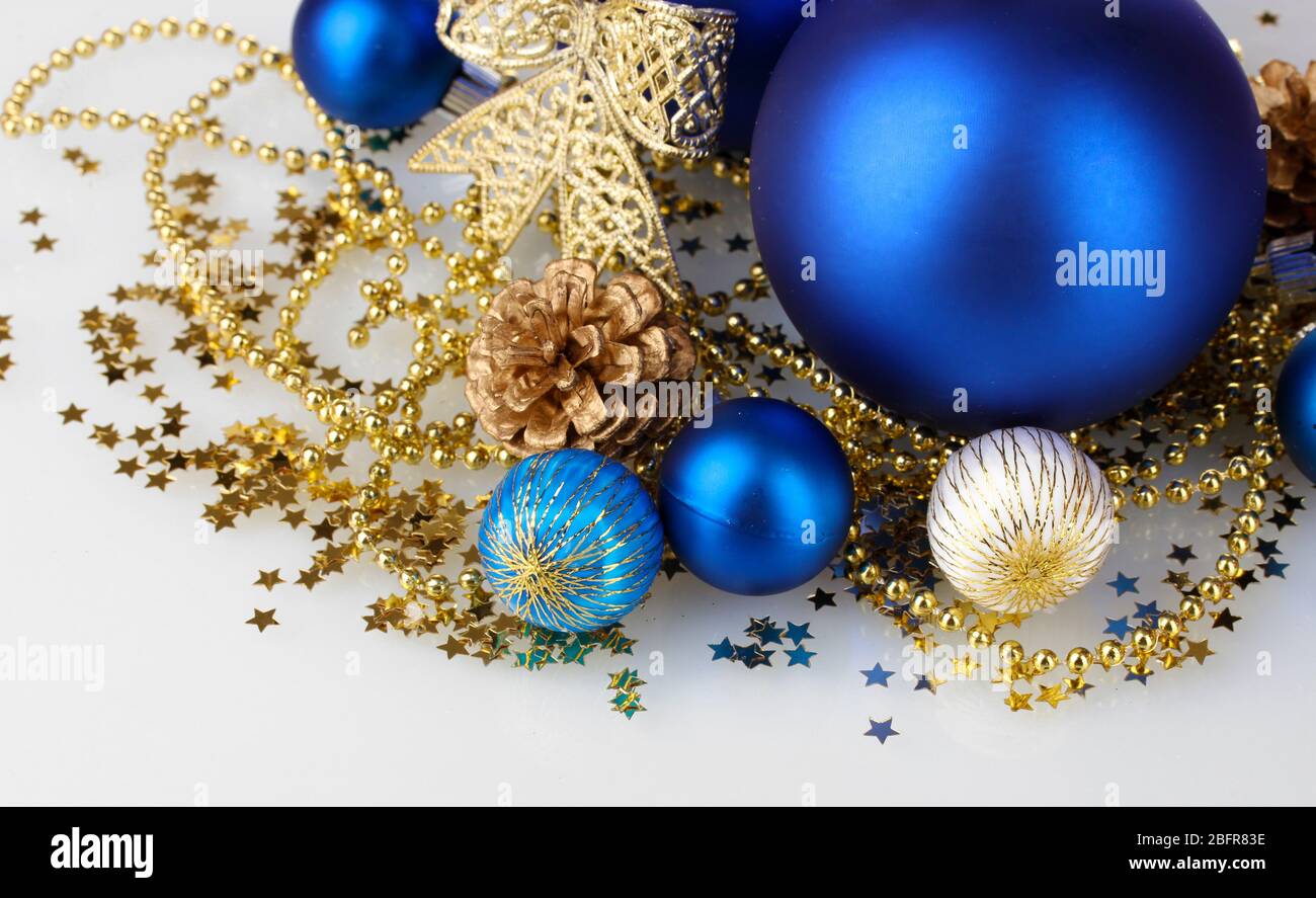 beautiful blue Christmas balls and cone isolated on white Stock Photo ...