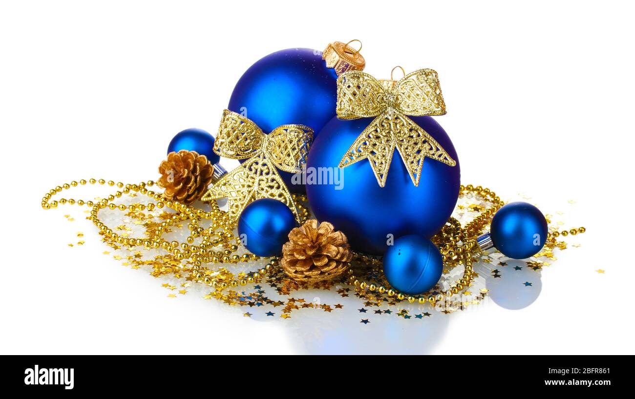 beautiful blue Christmas balls and cones isolated on white Stock Photo ...