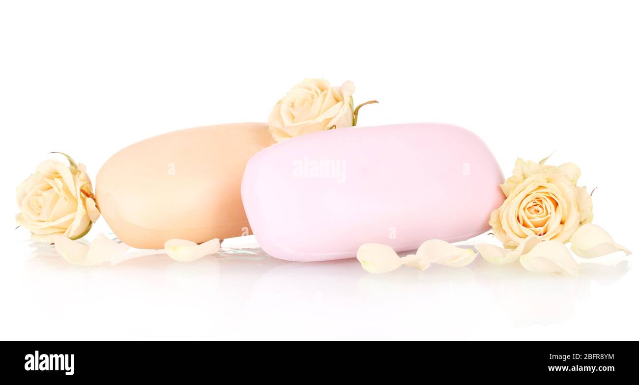 Two soap with roses on white background Stock Photo - Alamy