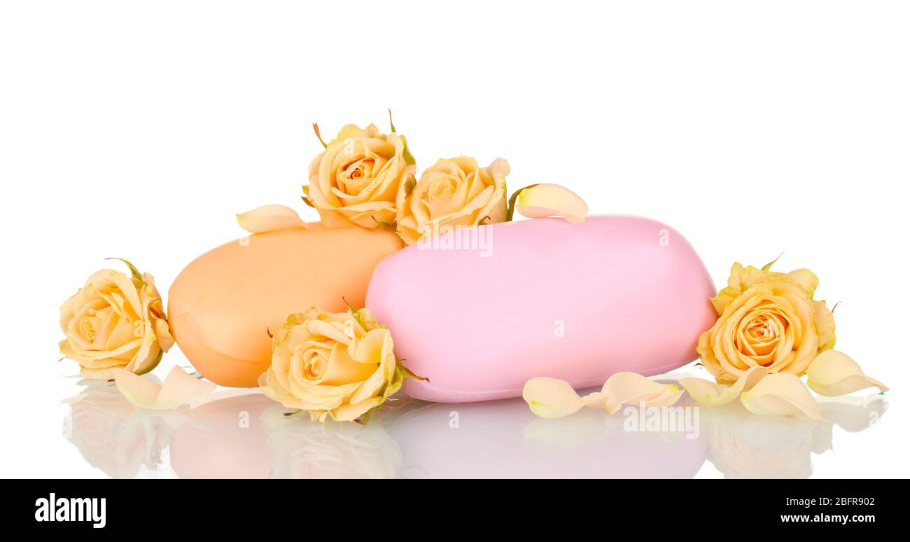 Two soap with roses on white background Stock Photo - Alamy
