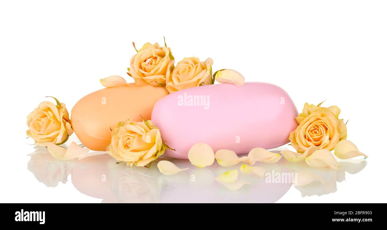 Two soap with roses on white background Stock Photo - Alamy
