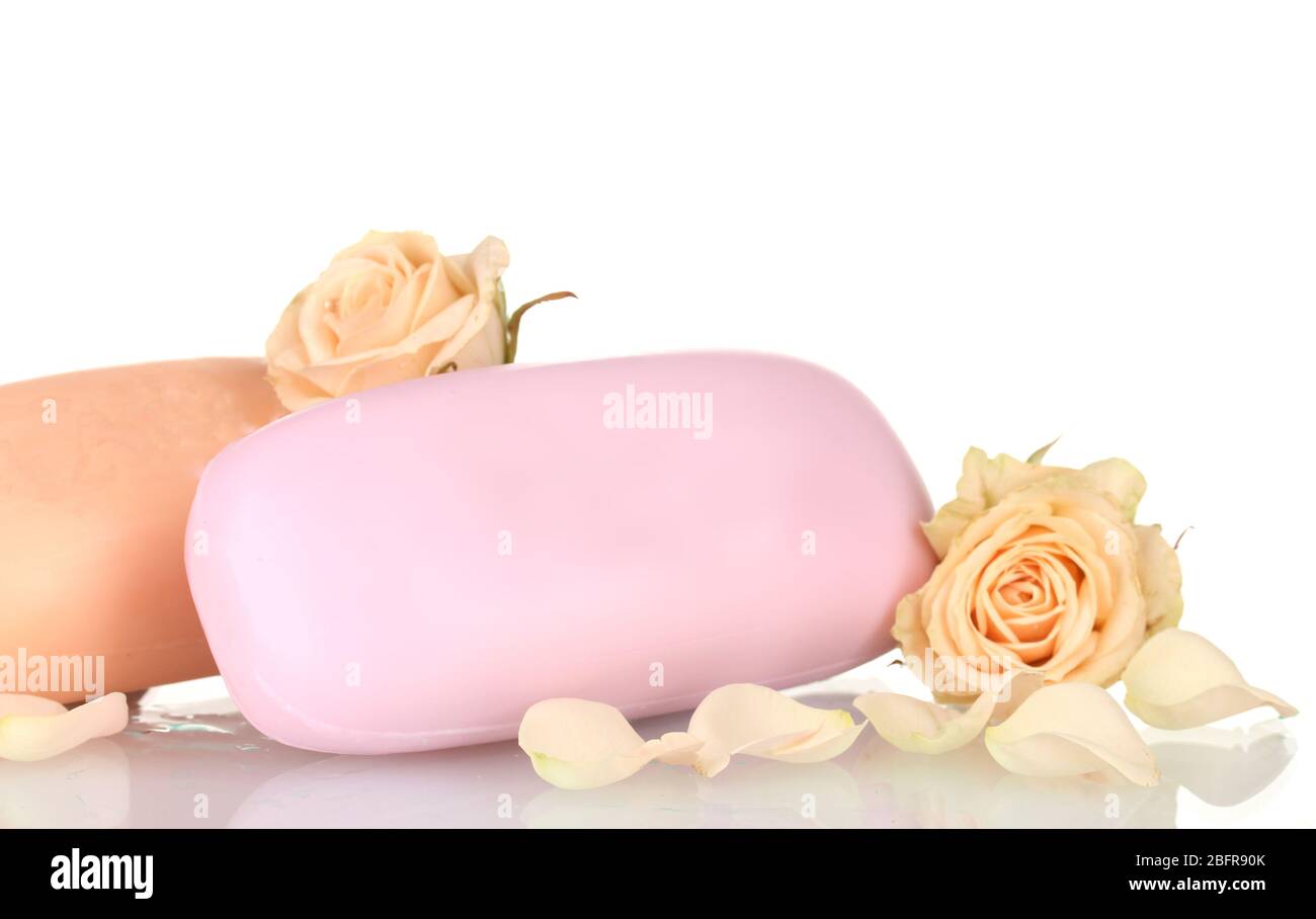 Two soap with roses on white background Stock Photo - Alamy