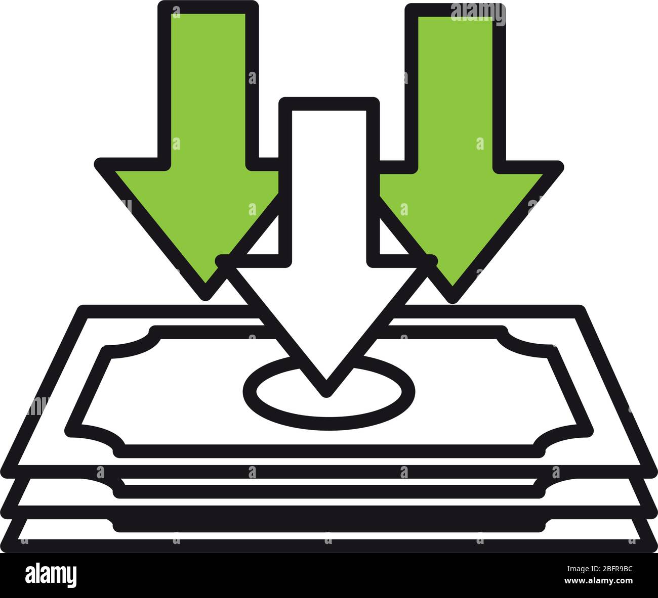 arrows down with money bills icon over white background, half color ...